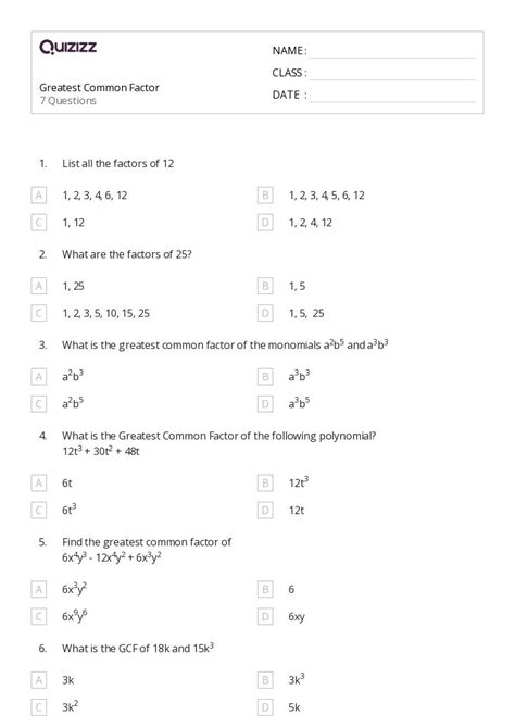 50 Greatest Common Factor Worksheets For 8th Class On Quizizz Free And Printable