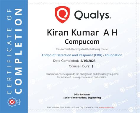 Kiran Kumar A H On Linkedin Qualys Edr Endpointsecurity Cybersecurity Trainingcompletion
