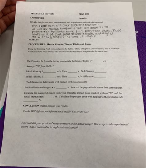 projectile motion phys 1401 lab report name s goal