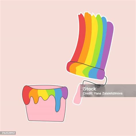 페인트와 롤러의 깡통 Lgbtq 스티커 자부심 기호 무지개 깃발 색깔 요소 성별 기호가 있는 벡터 기호 귀여운 프라이드 스티커 게이 퍼레이드 그루비 축하 벽지 분홍색 배경에