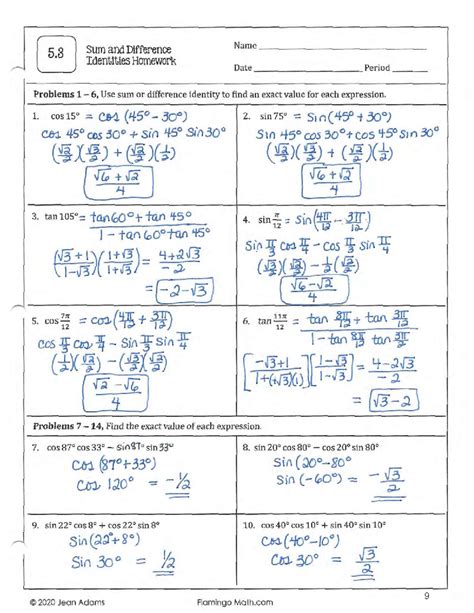 5 3 Sum And Difference Identities Homework 5 Sum And Difference Name