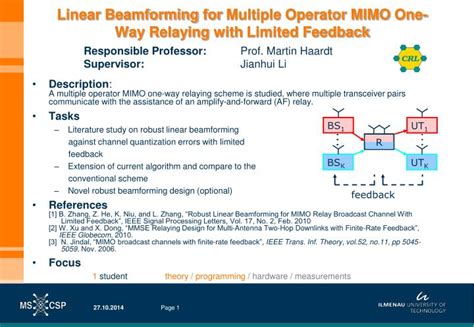 Ppt Linear Beamforming For Multiple Operator Mimo One Way Relaying With Limited Feedback