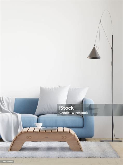 파란색 소파 램프 커피 테이블이 있는 현대적인 거실입니다 3d 렌더링 0명에 대한 스톡 사진 및 기타 이미지 0명 3차원 형태 가구 Istock