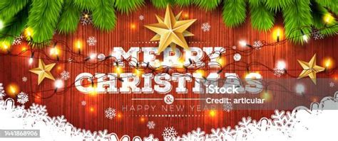 메리 크리스마스와 새해 복 많이 받으세요 금색 유리 공 별 소나무 가지 빈티지 나무 배경에 조명 화환이 있습니다 벡터 휴가 시즌 축하 인사말 카드 파티 초대장 또는 프로모션