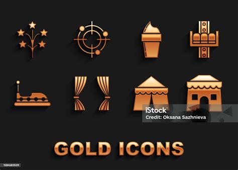 커튼 어트랙션 회전목마 서커스 텐트 범퍼 아이스크림 와플 콘 불꽃놀이 및 대상 스포츠를 설정하여 경쟁 아이콘을 촬영합니다 벡터 검은색에 대한 스톡 벡터 아트 및 기타 이미지