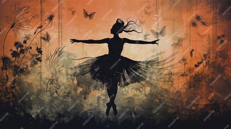 Dark Color Vintage Textured Ballerina Silhouette With Plant And Floral