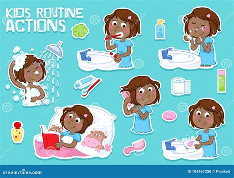 Lovely Little Black Girl And Her Daily Routine Stock Illustration