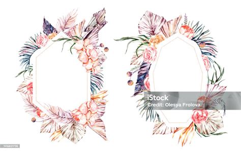 수채화 여름 초대장 손으로 그린 열대 말린 야자 잎 보라색 잎의 가지가있는 프레임 로맨틱 한 꽃다발은 결혼식 인사말 카드 초대장 등에 적합합니다 0명에 대한 스톡 벡터 아트