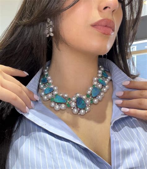 Australian Black Opal Suite Diamond 18k White Gold Collar Necklace And