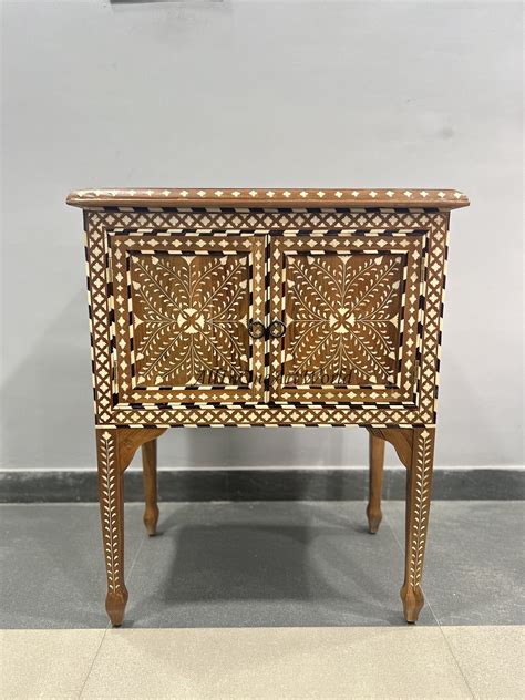Natural Teak Bone Inlay Nightstand Teakwood Bedside Table Bone Inlaid Furniture