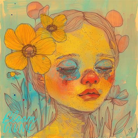 Indie Yarrow Art Print 60s Style Art Vintage Style Art Flower Face