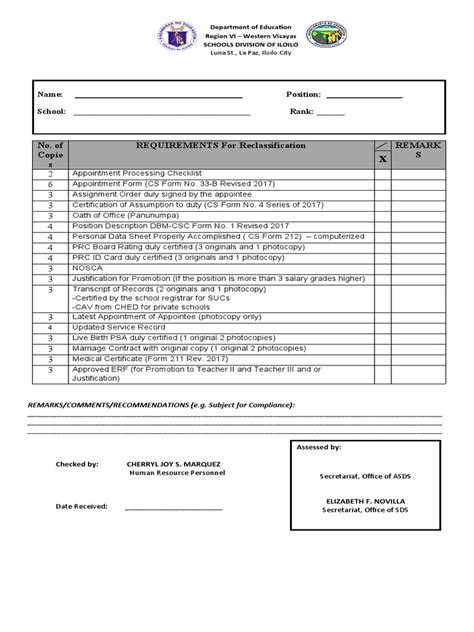 Iloilo Teacher Reclassification Checklist Pdf Government