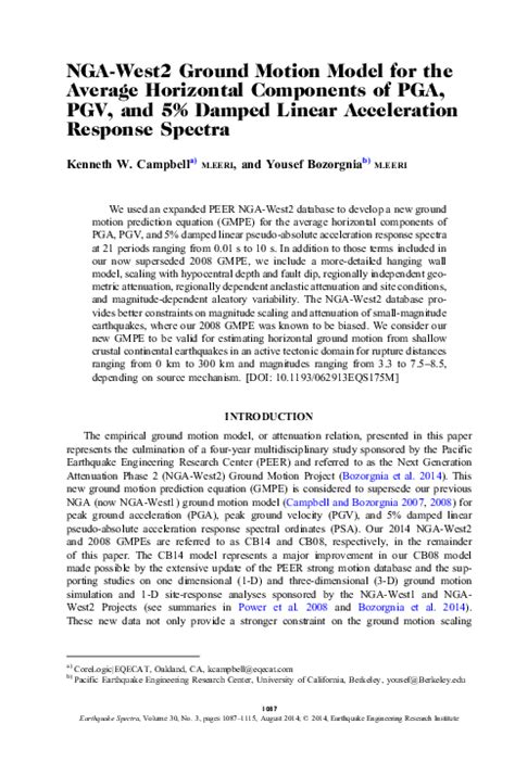 Pdf Nga West2 Ground Motion Model For The Average Horizontal Components Of Pga Pgv And 5