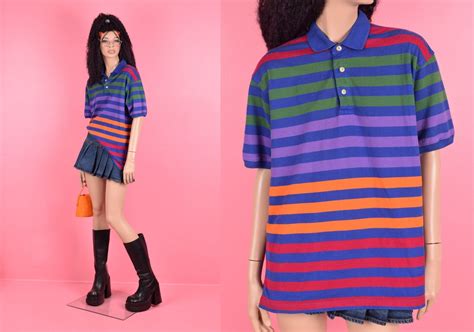 Vintage 90s Multi Color Striped Knit Polo Gender Neutral Medium Large