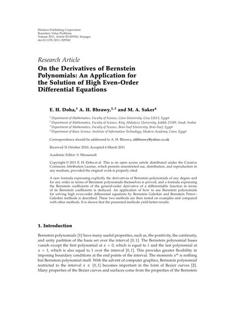 Pdf On The Derivatives Of Bernstein Polynomials An Application For The Solution Of High Even