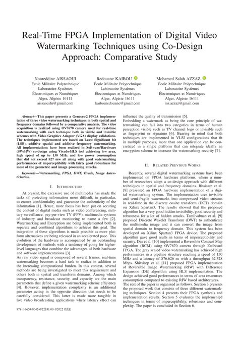 Pdf Real Time Fpga Implementation Of Digital Video Watermarking Techniques Using Co Design
