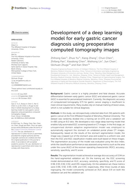 Pdf Development Of A Deep Learning Model For Early Gastric Cancer Diagnosis Using Preoperative