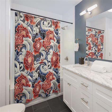 Japanese Floral Wave Pattern Polyester 71 X 74 Inch Shower Curtain