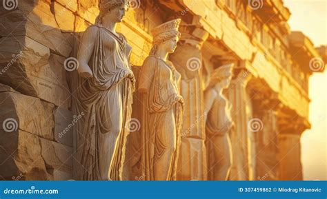 Ancient Greek Statues On The Acropolis In Warm Sunlight Stock