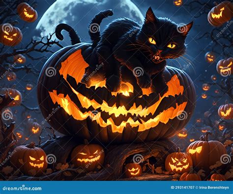 Halloween Illustration With Hissing Black Cat And Jack O Lanterns