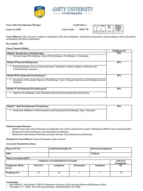 Newsyllabus 1720201982205604 Pdf Psychotherapy Psychoanalysis