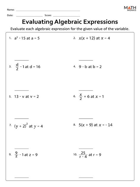 Evaluating Algebraic Expressions Worksheet Grade 6 Pdf