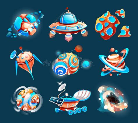 Space Game Elements Rocket And Planets In Dark Blue Space Cartoon