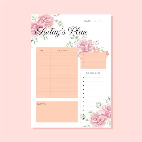 Planificador De Flores De Acuarela Rosa Rosa Vector Premium