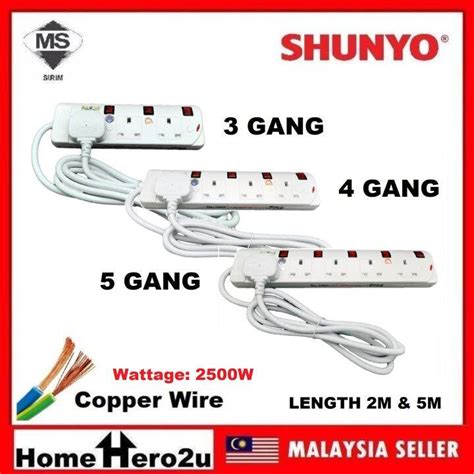 Shunyo GANG Extension Wire Trailing Socket W Surge Protector Neon Light Gang Way M M