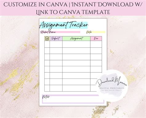 Editable Assignment Tracker Template Homeschool Daily Assignment Schedule Printable Assignment
