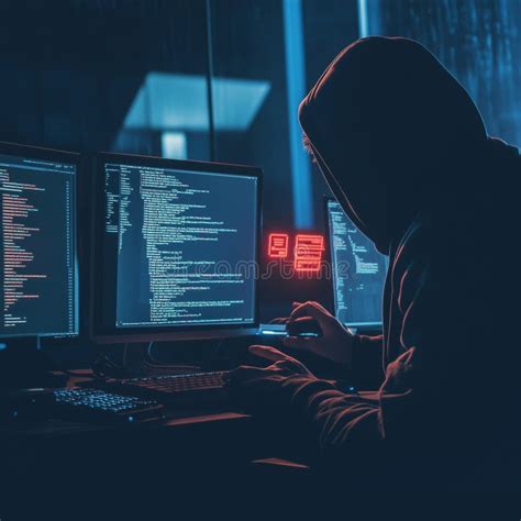 A Hacker In A Dark Hoodie Working On A Computer With Red Warning Alerts