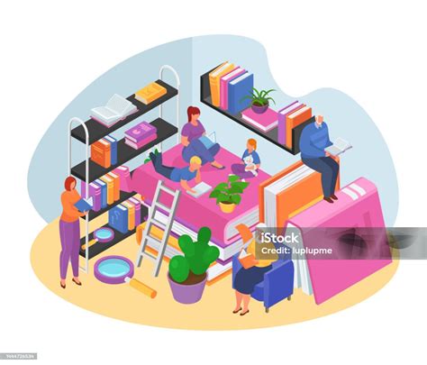 가족 개념 벡터 일러스트가 있는 등극 독서 책 학생 설계를 위한 교육 도서관 사람들의 캐릭터는 지식을 얻을 가족에 대한 스톡 벡터 아트 및 기타 이미지 Istock