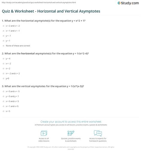 quiz and worksheet horizontal and vertical asymptotes