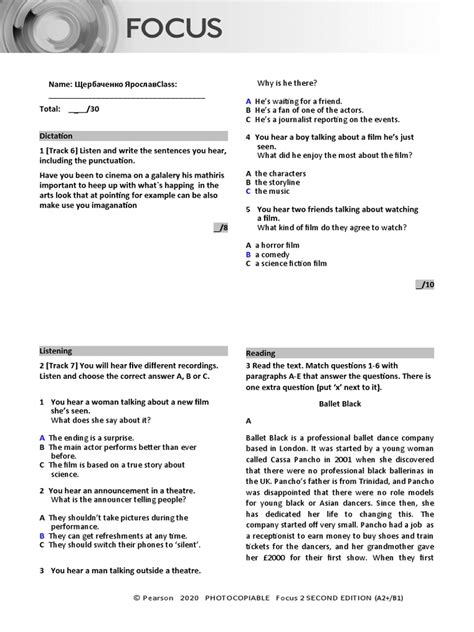 Focus2 2e Unit Test Dictation Listening Reading Unit3 Groupa Pdf Dances Ballet