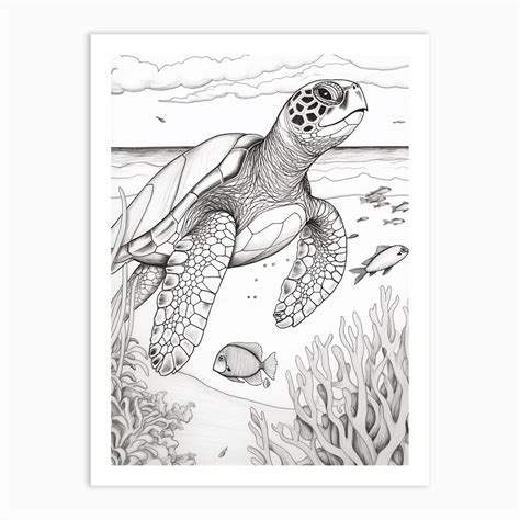 Realistic Sea Turtle Line Illustration Art Print By Marine Masterpieces Fy