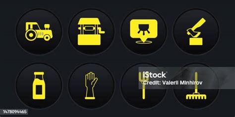 우유 나무 도끼 고무 장갑 정원 갈퀴 유방 우물 갈퀴 및 트랙터 아이콘으로 병을 설정합니다 벡터 갈퀴에 대한 스톡 벡터 아트 및 기타 이미지 Istock