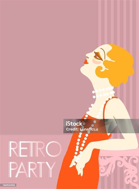 복고풍 파티 초대 디자인 템플릿 1920 년대 스타일의 패션 레드 드레스와 긴 구슬 빈티지 플래퍼 소녀 텍스트에 대한 복고풍 배경에 금발 머리를 벡터 복고풍 여성