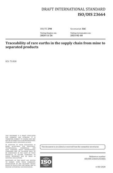 ISO DIS Traceability Of Rare Earths In The Supply Chain From Mine To Separated Products
