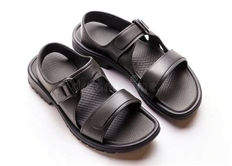 Closeup Drone Shot Of Stylish Black Rubber Sandals On White Background