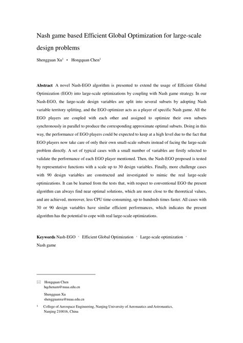 Pdf Nash Game Based Efficient Global Optimization For Large Scale