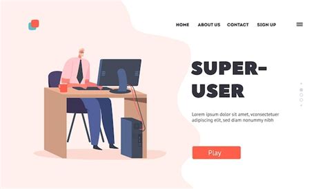 Super User Landing Page Template Man Sysadmin Oder Coder Bei Der Arbeit Am Computer Im Büro