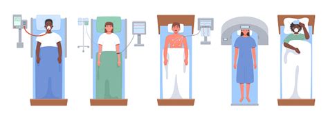 병원 침대 상위 뷰에 환자입니다 폐 환기 심전도 점 적기 Mri 및 아픈 사람 벡터 일러스트 레이 션 세트 침대에 대한 스톡