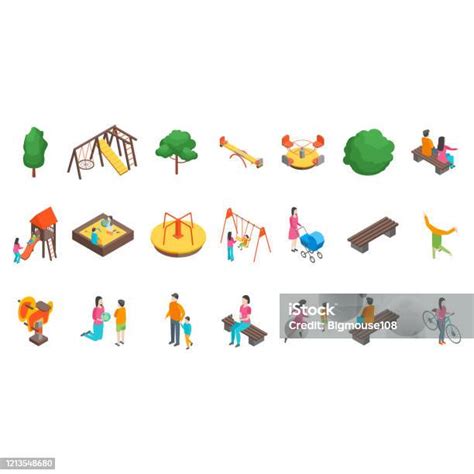 어린이 공원 개념 아이콘 세트 3d 아이소메트릭 보기입니다 벡터 가족에 대한 스톡 벡터 아트 및 기타 이미지 가족 3차원 형태 개념 Istock