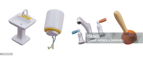 3d 사실적인 세면대 보일러 수도꼭지 및 플런저 물 장비 수집 3차원 형태에 대한 스톡 벡터 아트 및 기타 이미지 3차원 형태 가사 집안일 가정 생활 Istock