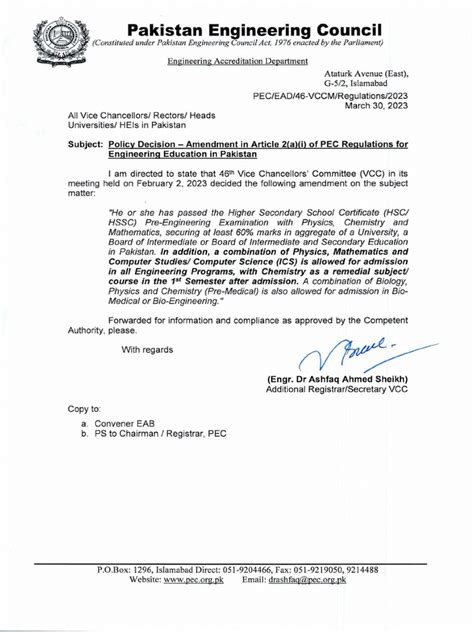 Policy Amendment In Pec Regulations Letter Mar 2023 Pdf