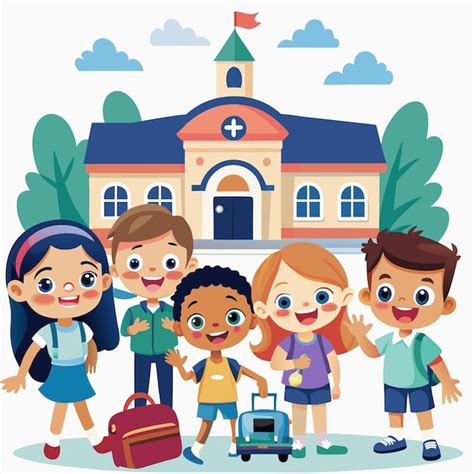 학교로 돌아가는 만화 캐릭터의 일러스트레이션 프리미엄 벡터