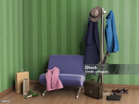 옷걸이 바닥 상자 와 신발 3d 그림이있는 방 코트 의복에 대한 스톡 벡터 아트 및 기타 이미지 코트 의복 옷걸이 매달기 Istock