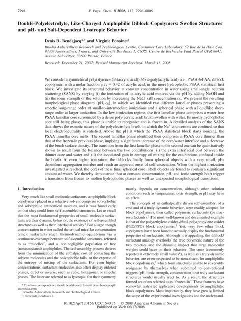 Pdf Double Polyelectrolyte Like Charged Amphiphilic Diblock Copolymers Swollen Structures
