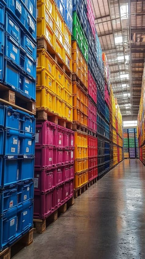 Colorful Storage Crates Arranged In A Warehouse With Organized Stacks