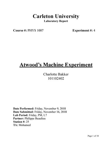 atwood s machine experiment lab report carleton university laboratory